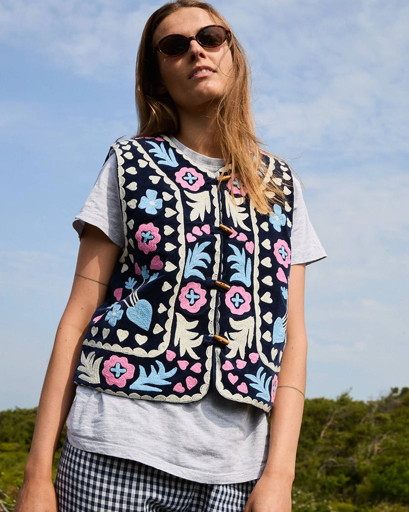 Hand Embroidered Timothy Navy SISSEL EDELBO Vest with Floral Embroidery ...