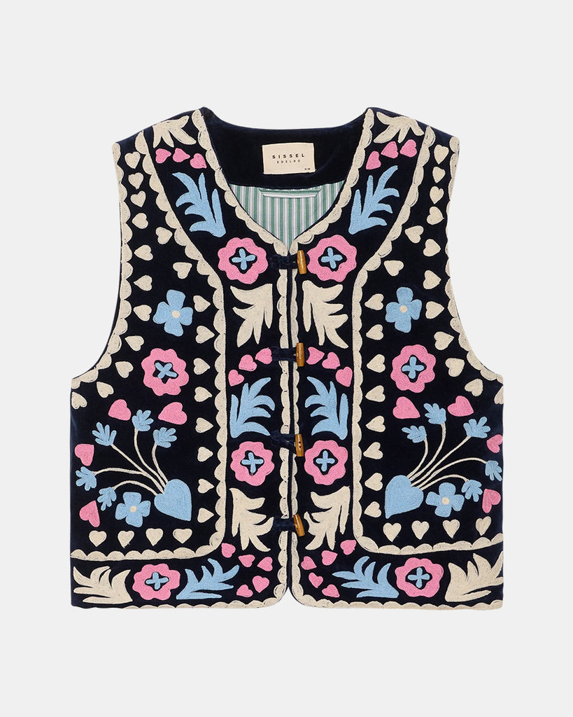 Hand Embroidered Timothy Navy SISSEL EDELBO Vest with Floral Embroidery ...